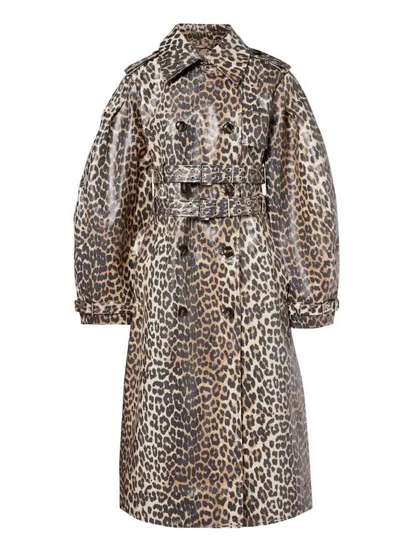 GANNI Leopard-print Cotton Canvas Trench Coat - Beige