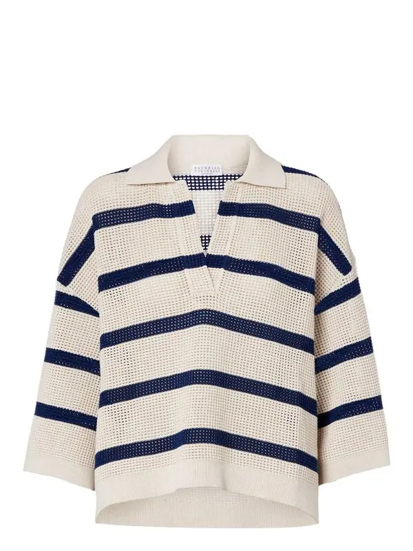 Brunello Cucinelli Striped Cotton Polo Sweater - Beige