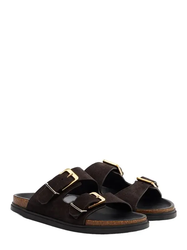 THE ROW Buckle Suede Slides - Brown