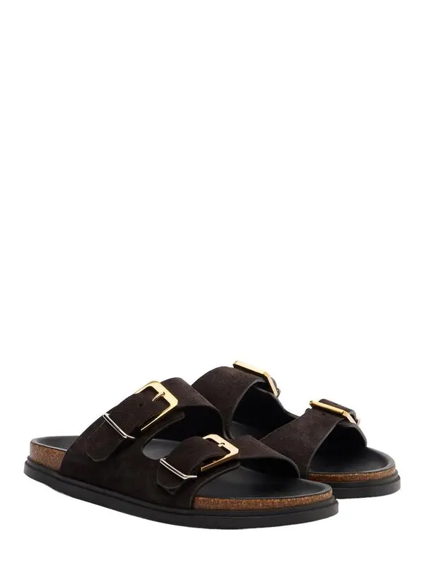 THE ROW Buckle Suede Slides - Brown