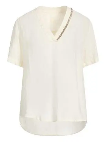 120% Lino Embellished V-neck Linen Top - Ivory