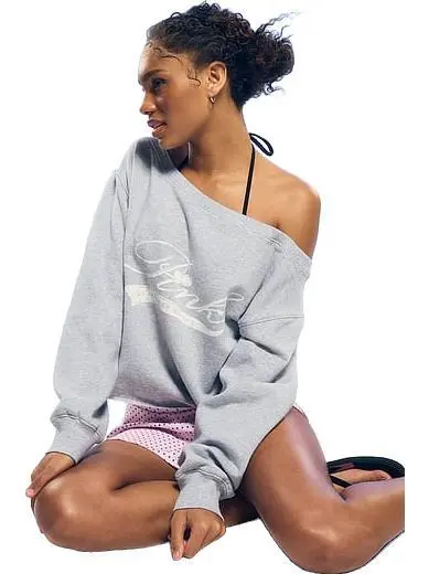 Pink By Frankies Bikinis Off The Shoulder Sweatshirt - Grey