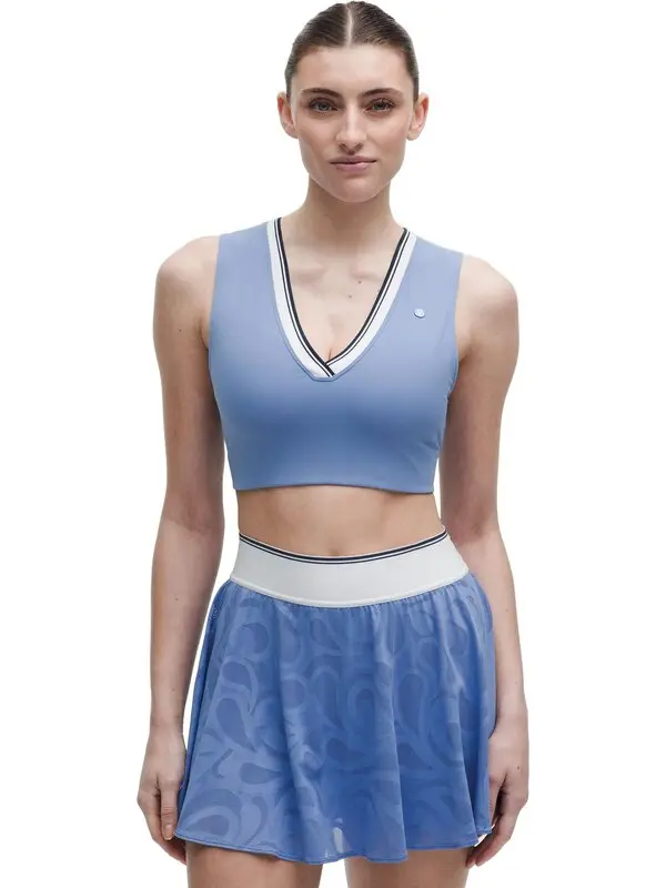 Lululemon Paisley Mesh-back V-neck Longline Tennis Bra - Prep Blue/white/club Blue