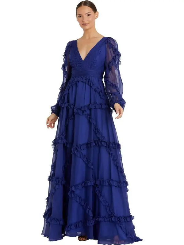 Mac Duggal Cascading Ruffle Puff Sleeve A-line Gown - Fuchsia