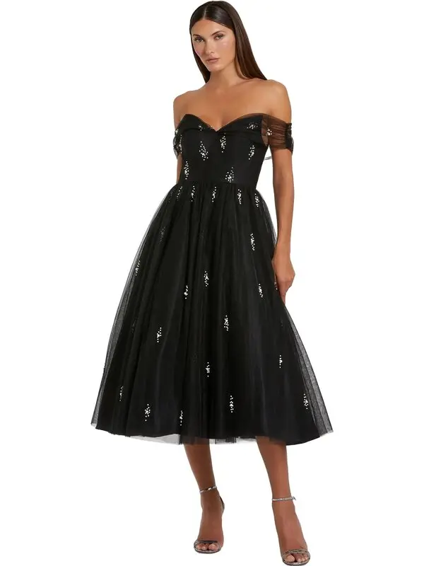 Mac Duggal Petite Pearl Embellished Off The Shoulder A Line Dress - Black