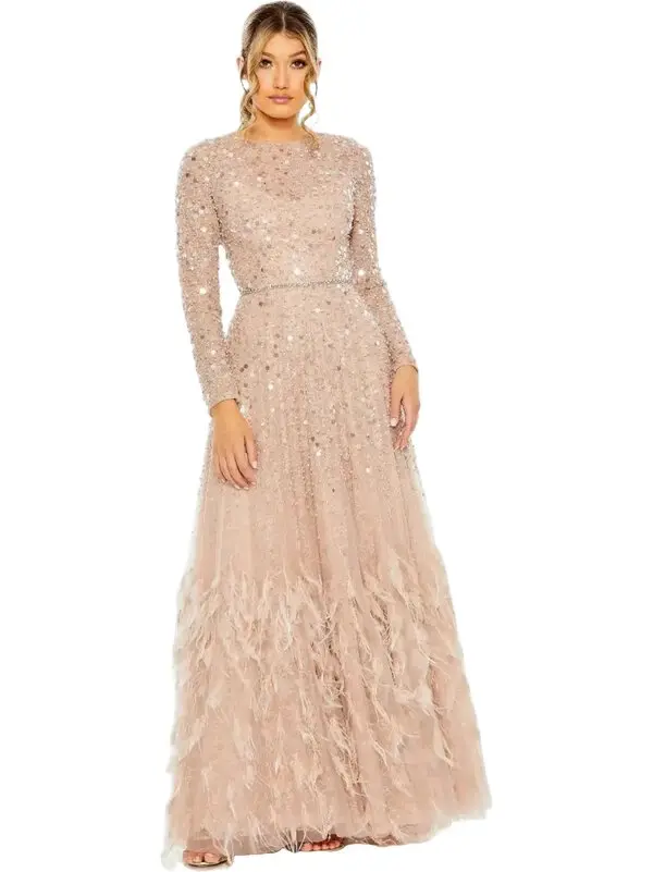 Mac Duggal Petite Embellished Sequin Gown With Feather Detail - Pink