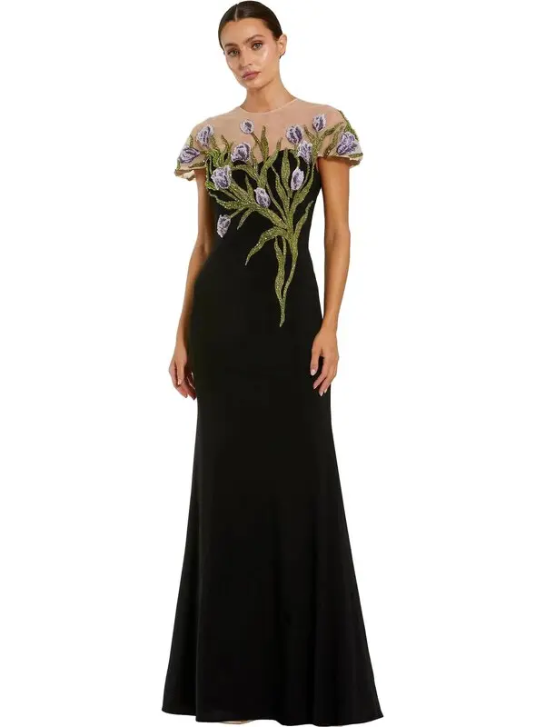 Mac Duggal Petite Black High Neck Floral Embroidered Jersey Gown - Black Multi