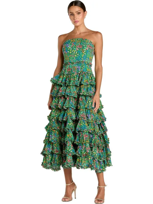 Mac Duggal Green Strapless Floral Cotton Ruffle Midi Dress - Green Multi