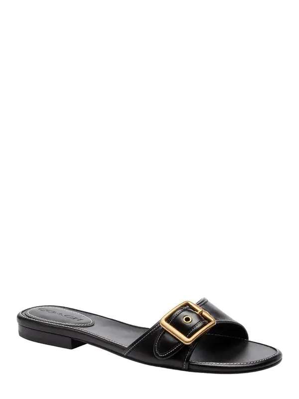 COACH Margot Buckled Flat Leather Sandal - Black