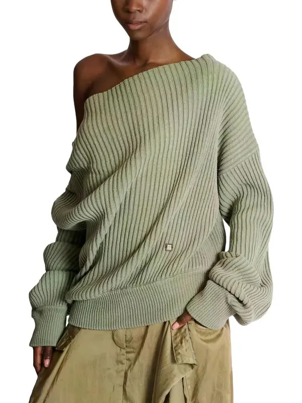 Balmain Asymmetric-neck Ribbed-knit Sweater - Green