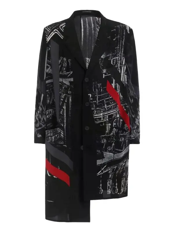 Yohji Yamamoto Thunder Asymmetric Printed Coat - Black