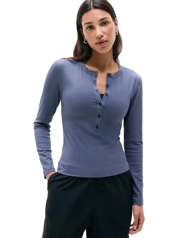Athleta Signature Rib Long Sleeve Henley Top - Celestial