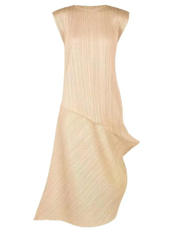 Issey Miyake Pleated Asymmetric Midi Dress - Neutrals