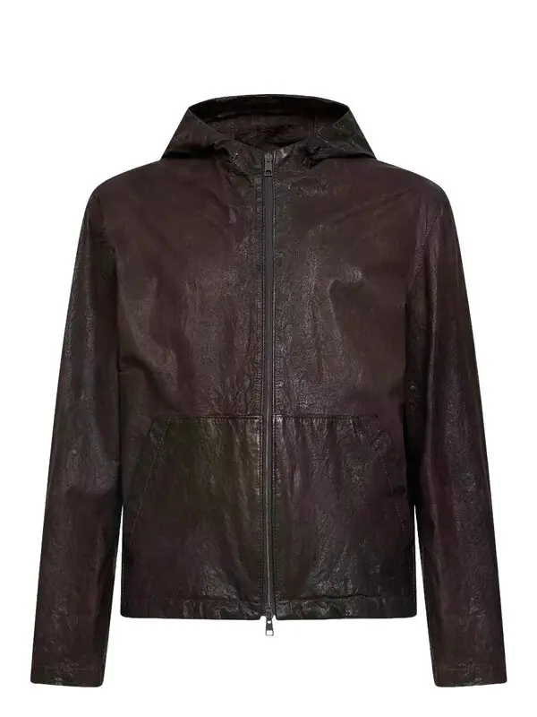 SALVATORE SANTORO Hooded Crinkled Leather Jacket - Brown