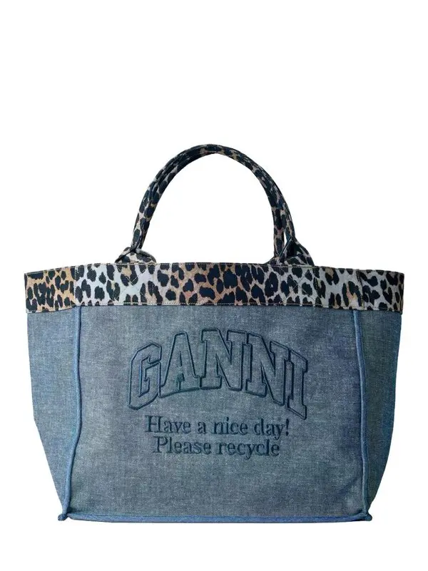 GANNI Embroidered Animal-print Denim Tote Bag - Blue