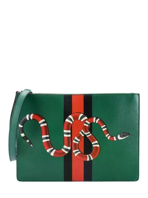 Gucci Messenger Bag Snake Printed Leather Large Crossbody Bag - Green