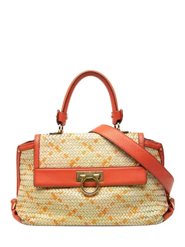 FERRAGAMO Woven Leather Gancini Sofia Satchel - Brown