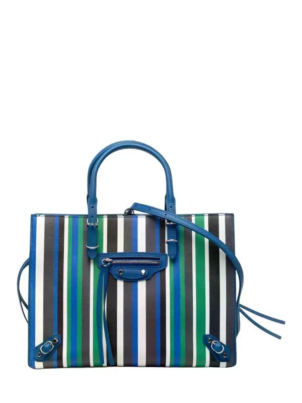 Balenciaga 2017 Mini Leather Striped Papier A6 Zip Around Satchel - Blue