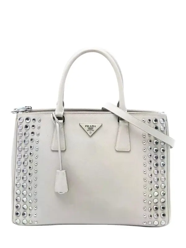 Prada Medium Saffiano Lux Studded Crystal Galleria Double Zip Satchel - Grey