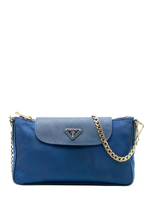 Prada 2000-2013 Saffiano Trimmed Tessuto Chain Crossbody Bag - Blue