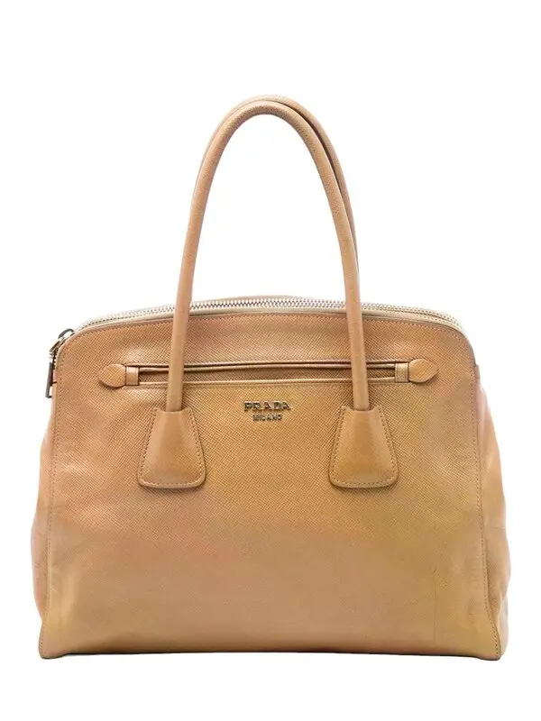 Prada Saffiano Cuir Large Double Zip Top Handle Satchel - Brown