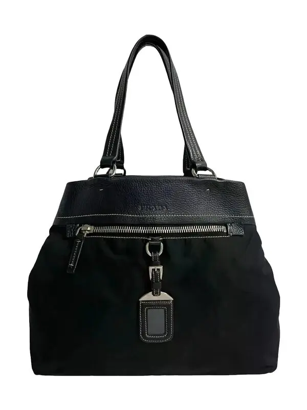 Prada Vitello Trimmed Tessuto Tote Bag - Black