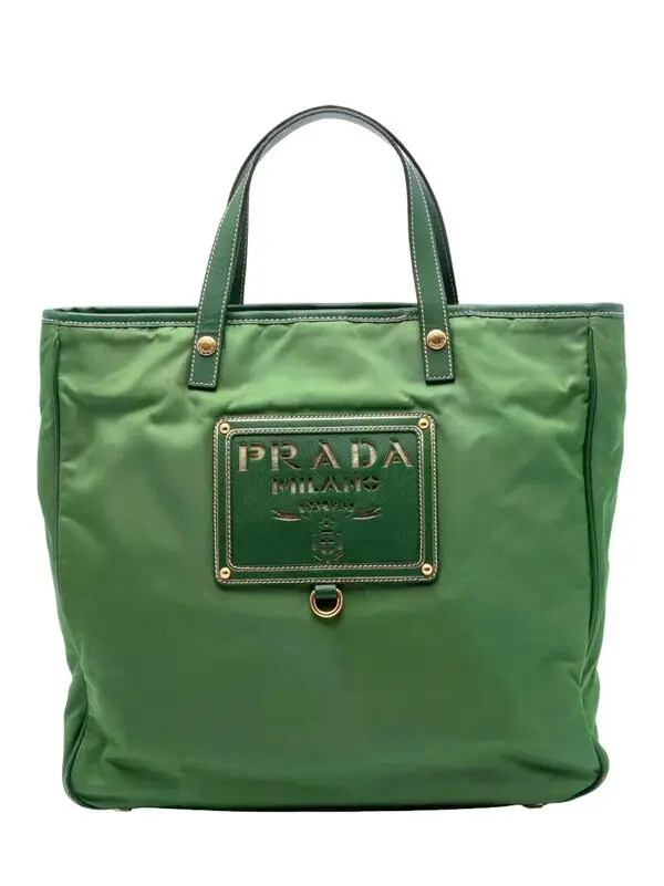 Prada Saffiano Trimmed Tessuto Logo Plate Convertible Tote Satchel - Green