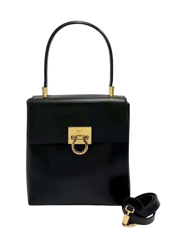 FERRAGAMO Small Leather Gancini Iconic Top Handle Satchel - Black