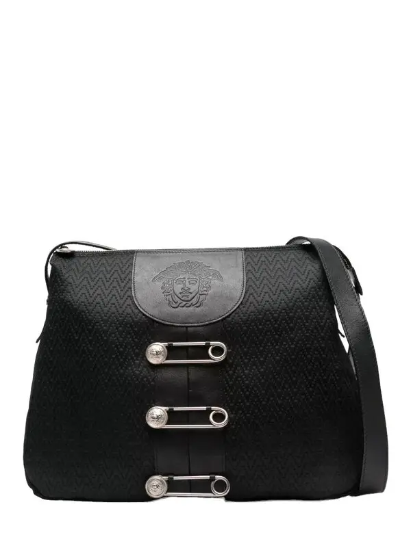 Versace 1990s La Medusa Safety Pin Canvas Shoulder Bag - Black