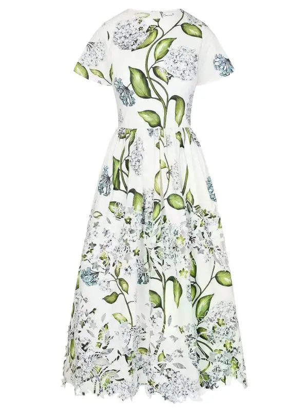 Oscar De La Renta Porcelain-flower Embroidered Midi Dress - White