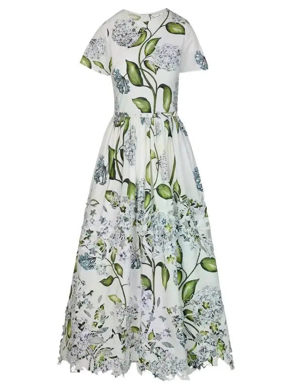 Oscar De La Renta Porcelain Flower Embroidered Cotton Poplin Dress - White