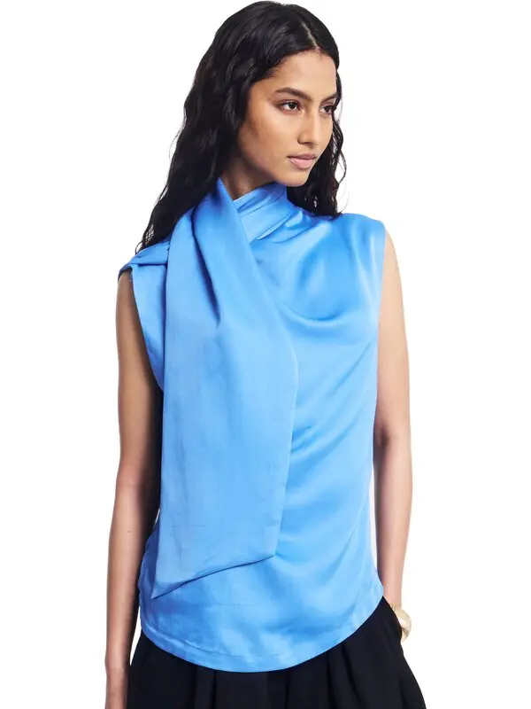 NINETY PERCENT Arlo Drape Scarf Back Top In Viscose Tencel - Cornflower