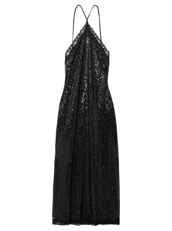 Rixo Harlan Lace-trimmed Sequined Tulle Halterneck Midi Dress - Black