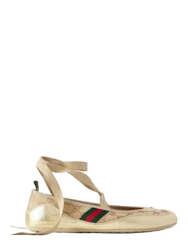 Gucci Webbing-trimmed Canvas-jacquard And Metallic Leather Ballet Flats - Gold
