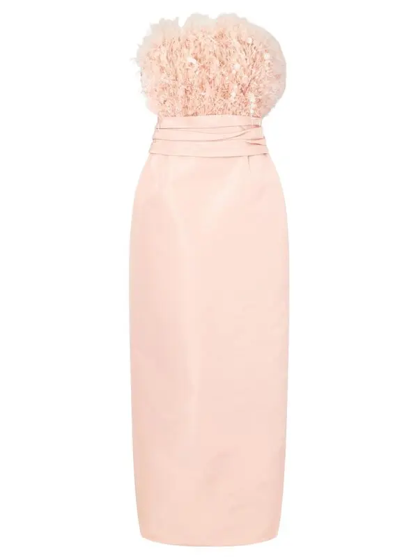 Oscar De La Renta Point D'esprit Strapless Embellished Feather-trimmed Silk-faille Gown - Pink