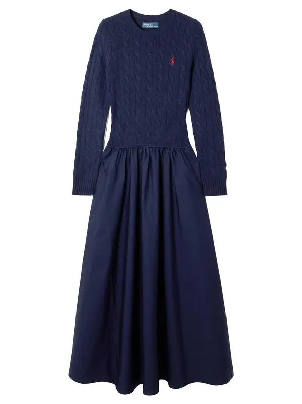 Polo Ralph Lauren Embroidered Cable-knit Wool-blend And Cotton-poplin Maxi Dress - Blue