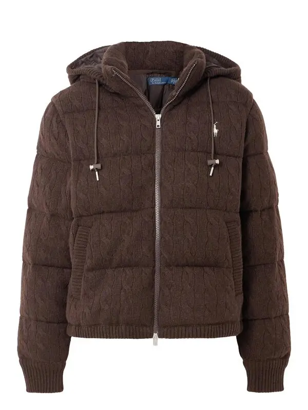 Polo Ralph Lauren Hooded Padded Quilted Cable-knit Wool And Cashmere-blend Coat - Brown