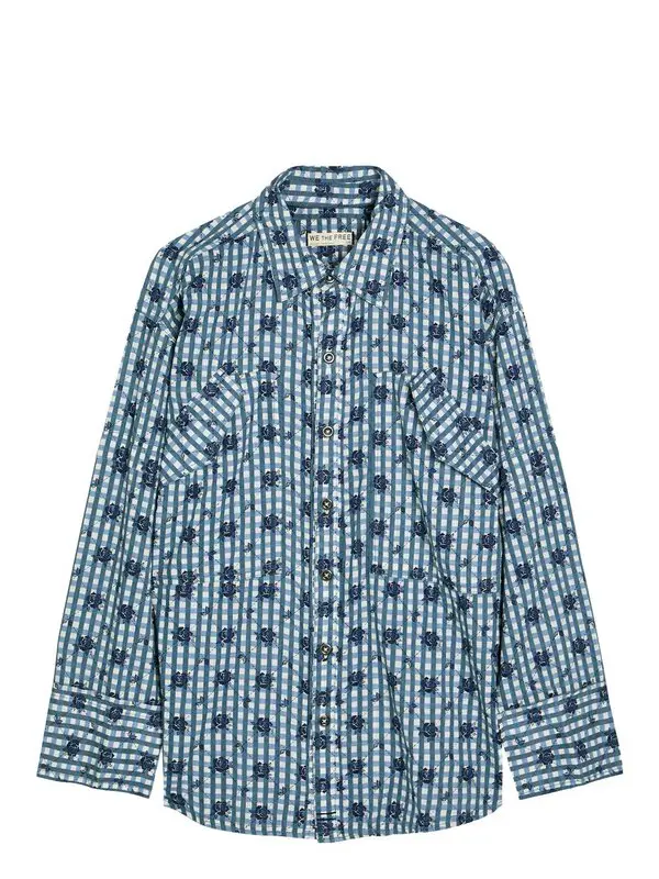 Free People Checked Floral Cotton Shirt - Navy