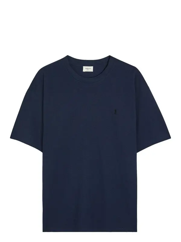 Saint Laurent Logo-embroidered Piqué Cotton-blend T-shirt - Blue