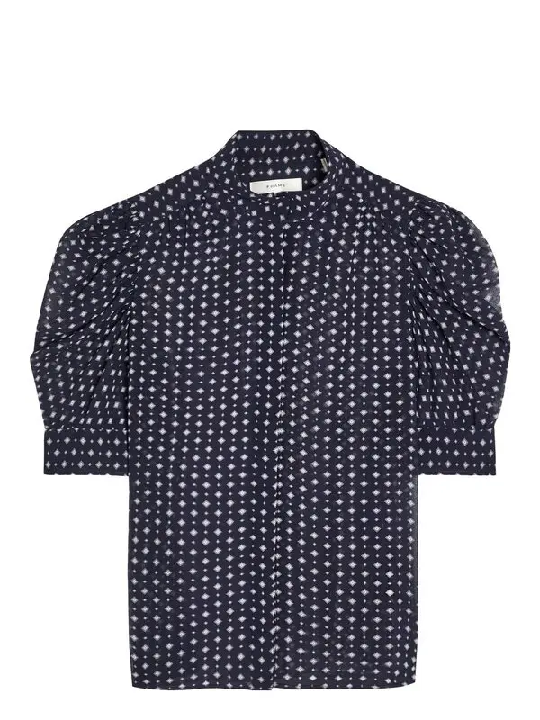 FRAME Printed Silk Chiffon Puff Sleeve Blouse - Navy