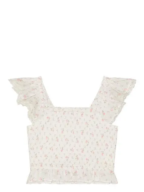 LoveShackFancy Tween Jeanna Smocked Top With Lace Trim - Ivory
