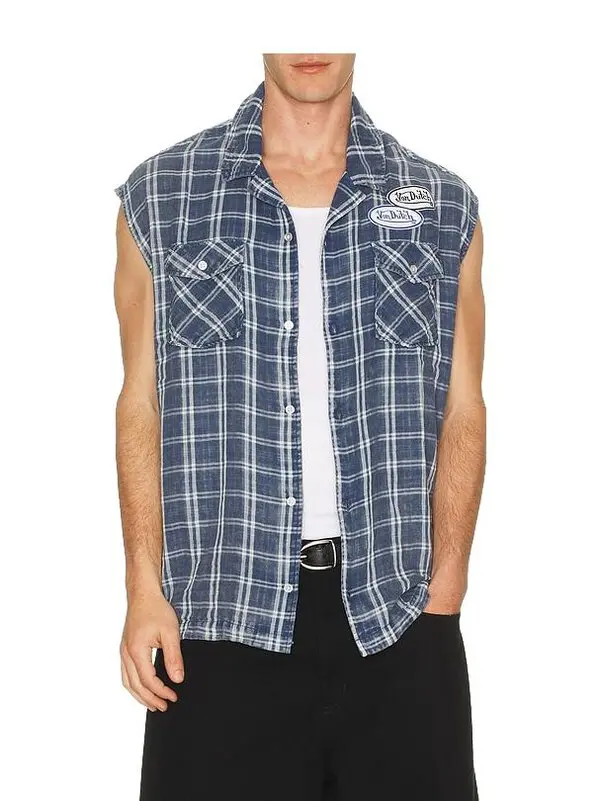 VON DUTCH Sleeveless Flannel Shirt - Navy