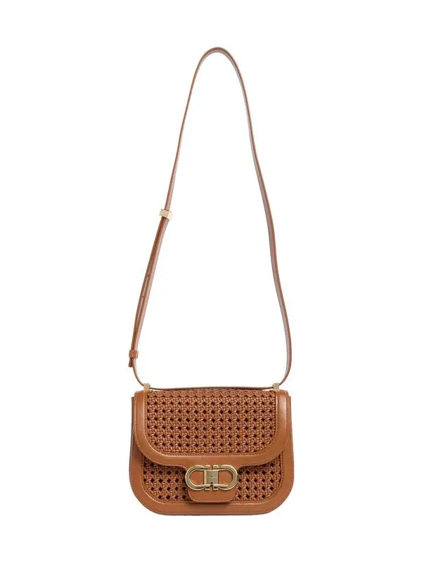 FERRAGAMO Double Gancini Woven Leather Crossbody Bag - Naturale Rust