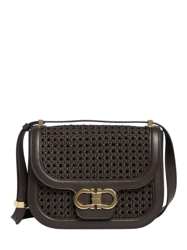 FERRAGAMO Double Gancini Woven Leather Crossbody Bag - Testa Di Moro