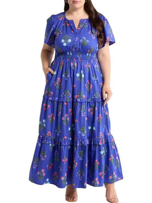 SUGARLIPS Palmer Floral Poplin Fit & Flare Midi Dress - Navy