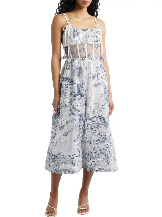EN SAISON Floral Sheer Waist Midi Dress - White Navy
