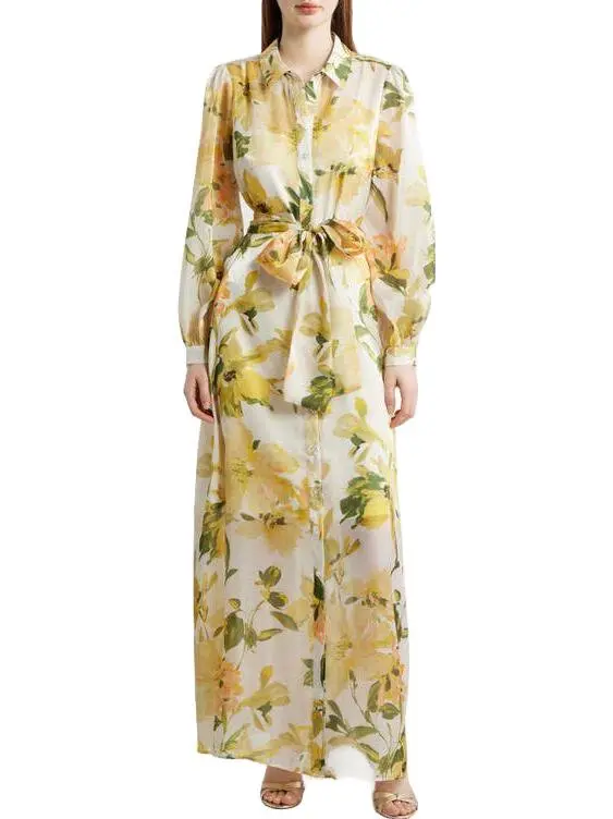 Julia Jordan Floral Long Sleeve Tie Belt Organza Cocktail Shirtdress - Yellow Multi