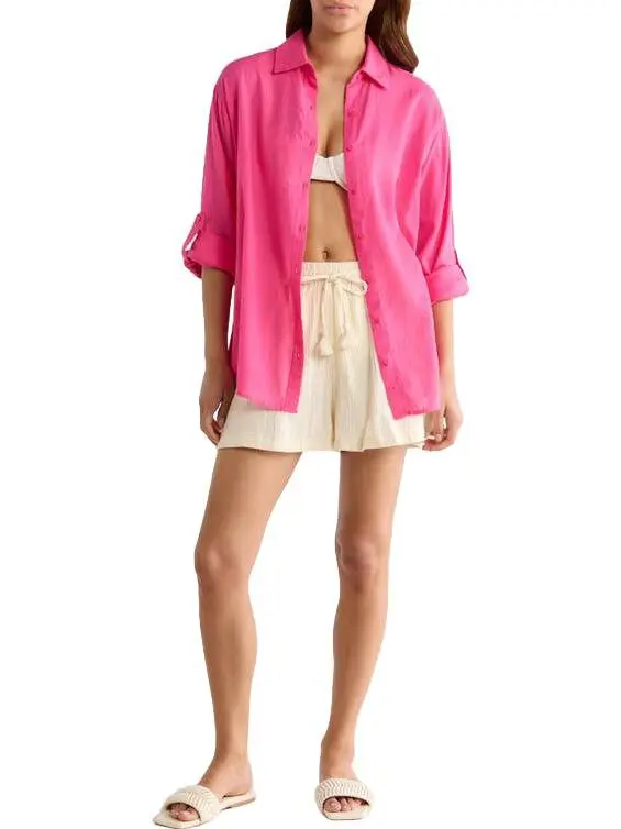 Elan Printed Semisheer Cotton Button-up Cover-up Shirt - Hot Pink