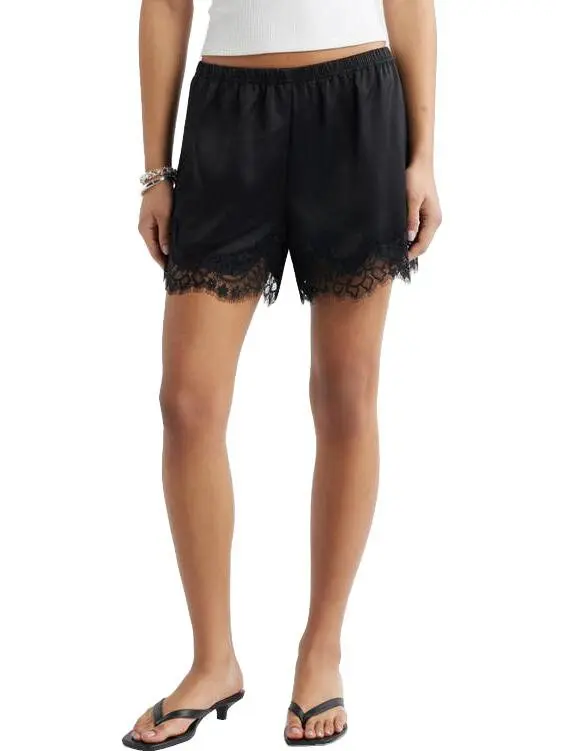 OPEN EDIT Lace Trim Satin Shorts - Black