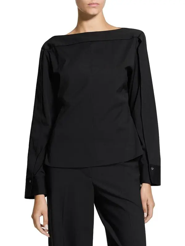 Theory Button Sleeve Boat Neck Top - Black